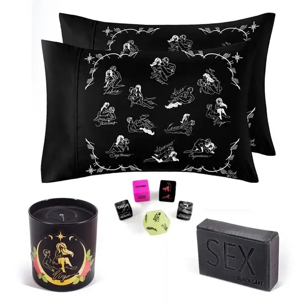 BLACK CAKE Virgo Pleasure Pack- Zodiac Horoscope Love Pillowcase, Soap, Dice, Candle Set - Black