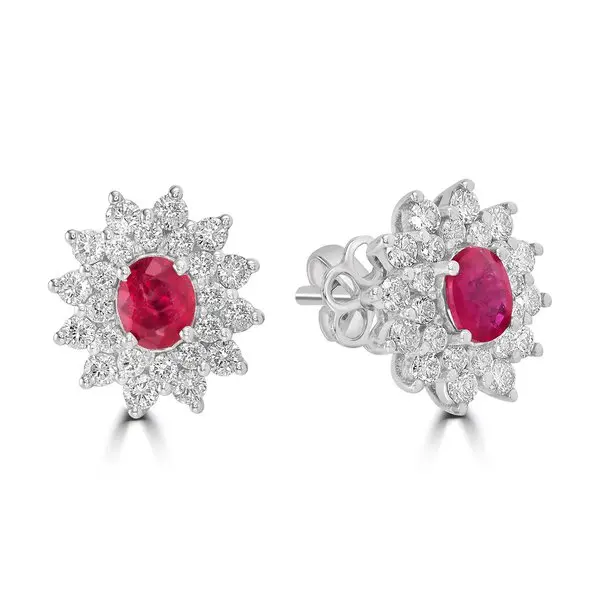 ARTISAN White / Pink Ruby & Diamond Floral Cluster Stud Earrings In 18k White Gold - White/pink