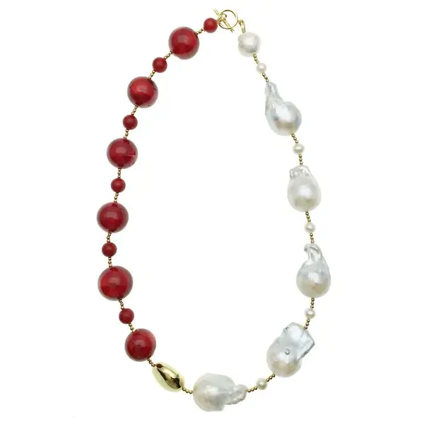 FARRA Timeless Natural Corals With Baroque Pearls Short Necklace
