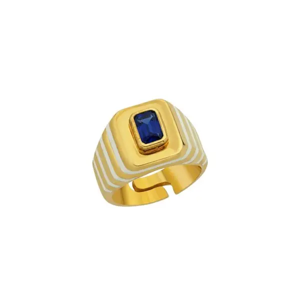 LINYA JEWELLERY Octagon Navy Stone Enamel Signet Ring - Blue