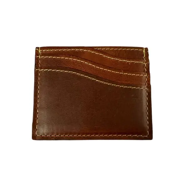 VIDA VIDA Wave Tan Leather Card Holder With Yellow Stitch - Brown
