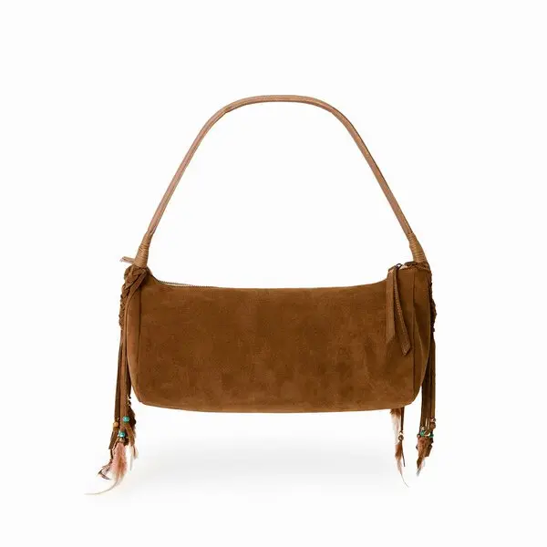 JUAN-JO Suede Bag- Baguette Fringes And Feathers - Brown