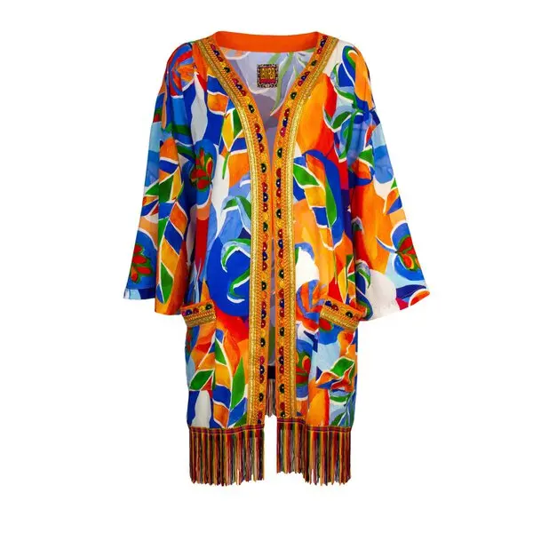 LALIPOP DESIGN Colorful Leaf Print Midi Kimono With Embroidery Borders - Orange