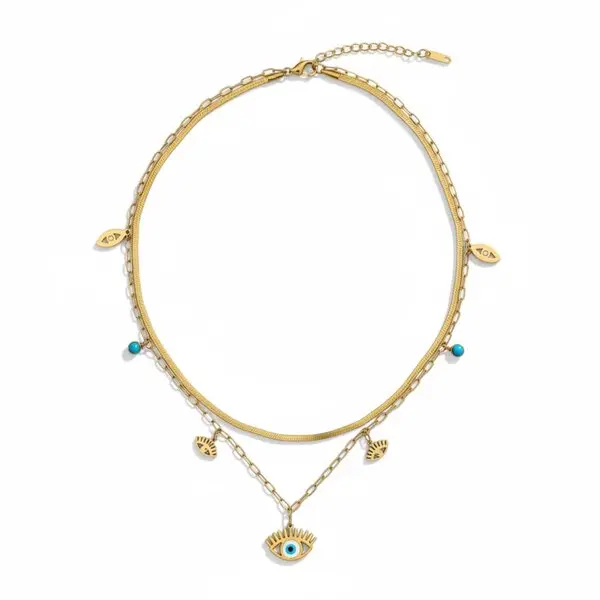 VICKY&NICO Gold / Blue Evil Eye Double Layer Necklace Turquoise - Gold/blue