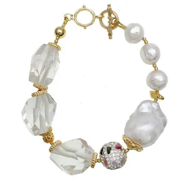 FARRA Quartz With Baroque Pearls Bracelet - White