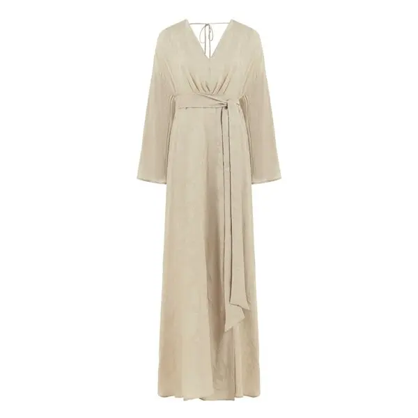 LILAMIE Neutrals Larissa Loose Fit V Neckline Long Summer Dress - Beige