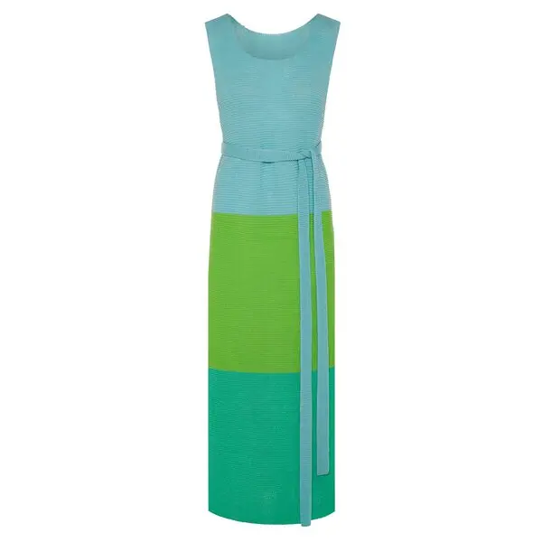 INGMARSON Blue / Green Colour Block Belted Slit Dress Green & Blue - Blue/green