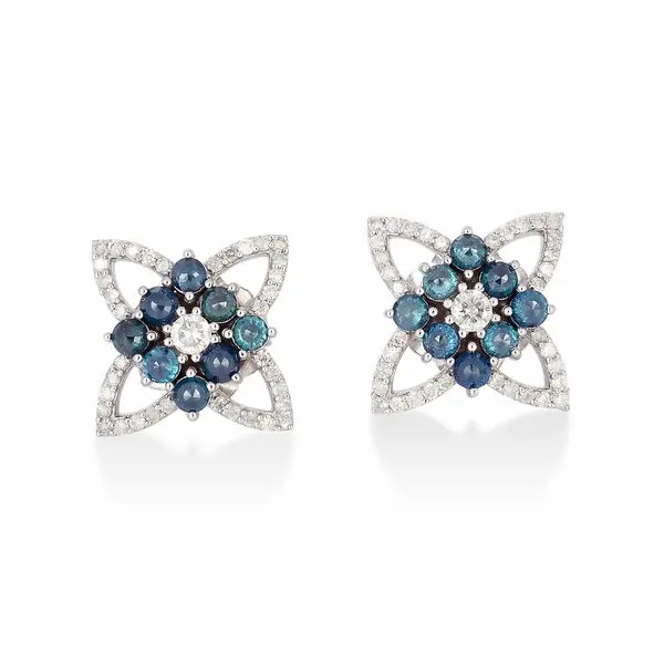 ARTISAN White / Blue 18k White Gold Blue Diamond & Diamond Floral Stud Earrings - White/blue