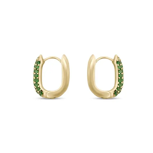 CLEMENCE WREN Green / Gold Oval Pave Gemstone Gold Huggie Earrings Emerald Green - Green/gold