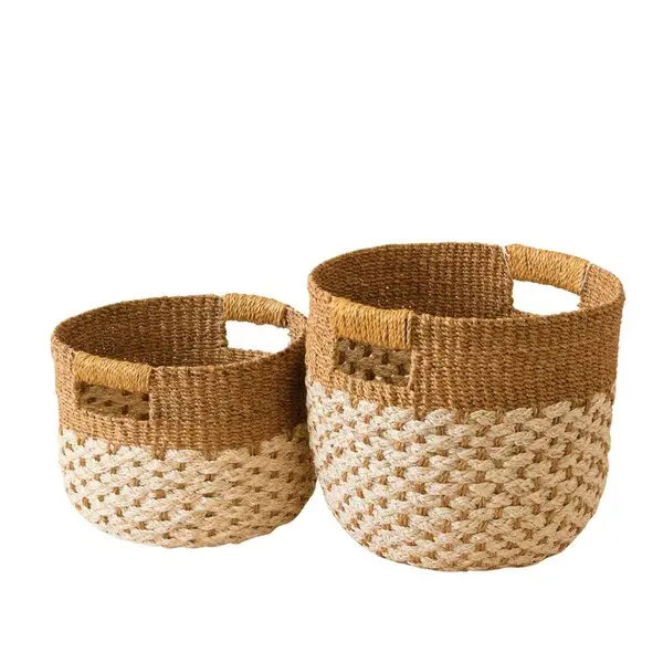 Likhâ Neutrals Golden Brown Round Baskets Set Of Two Handcrafted Bins - Brown/yellow