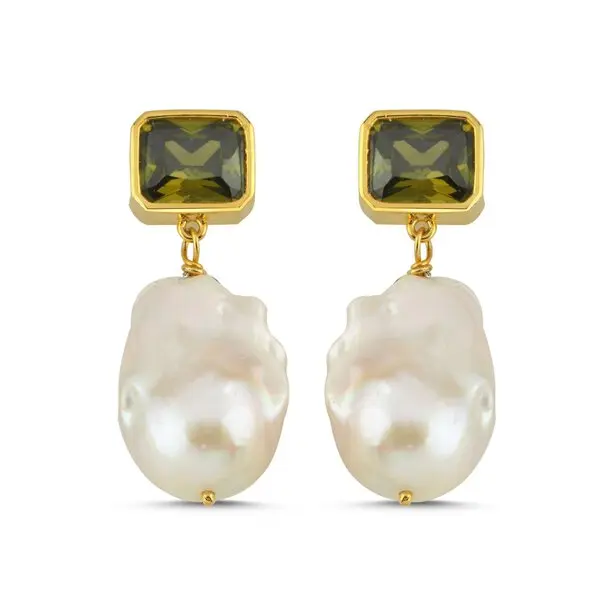 LINYA JEWELLERY Khaki Crystal Stone Baroque Pearl Dangle Earrings - Green