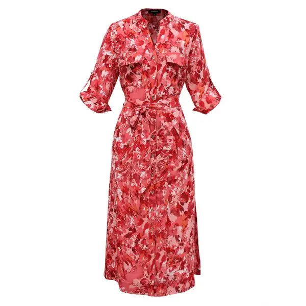 SMART AND JOY Classic Shirt Dress With Abstract Print & Pink - Red