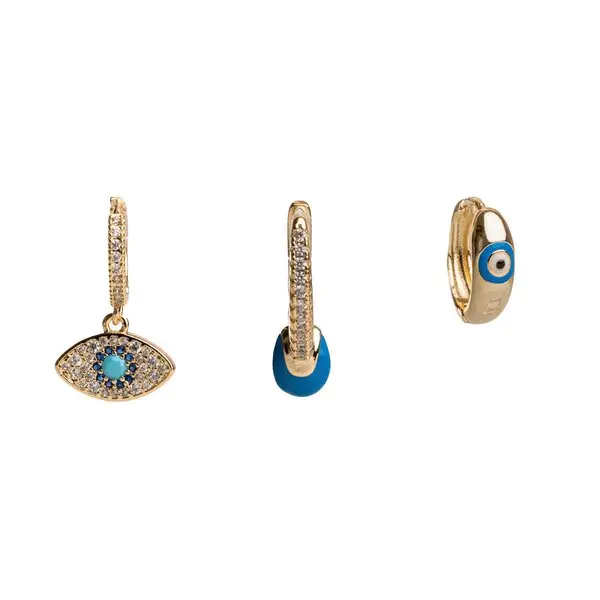 EBRU JEWELRY Gold / Blue Blue Evil Eye Gold & Diamond Trio Hoop Earring Set Gold - Gold/blue