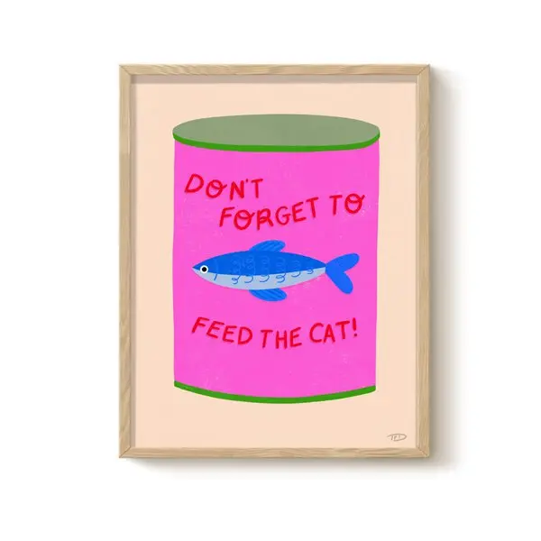 THE PAPER TAIL Blue / Pink Feed The Cat Art Print A3 - Blue/pink