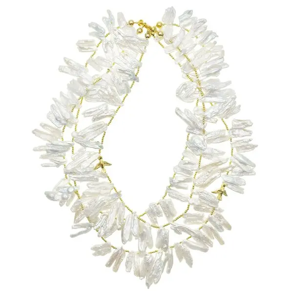 FARRA Leave Shaped Freshwater Pearls Triple Strands Necklace