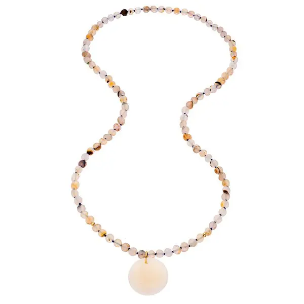 HEATHER HAWKINS Neutrals Rockabye Long Coin Beaded Gemstone Necklace Grey Agate White Jade Coin - Gray/white