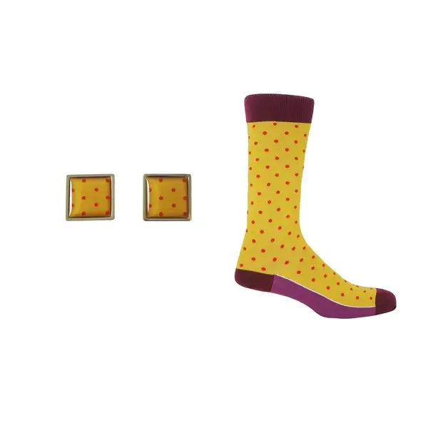 PEPER HAROW - MADE IN ENGLAND Groom's Set Pin Polka Socks & Honey Cufflink - Yellow