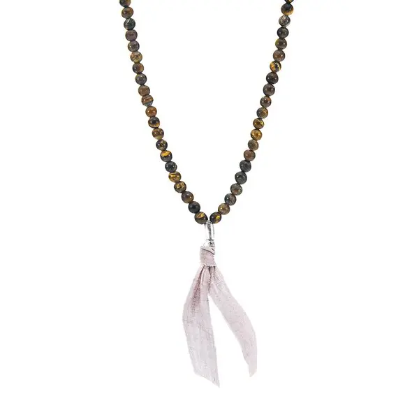 ANCHOR & CREW Tigers Eye Luke Silver, Stone & Cotton Voile Skinny Necklace X Wrap Bracelet - Brown