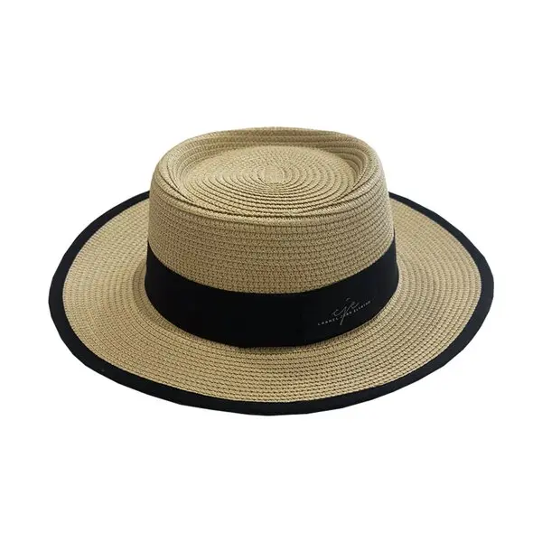CHANEL JOAN ELKAYAM Neutrals / Contrast Edge Straw Wide Brim Gambler Hat - Black