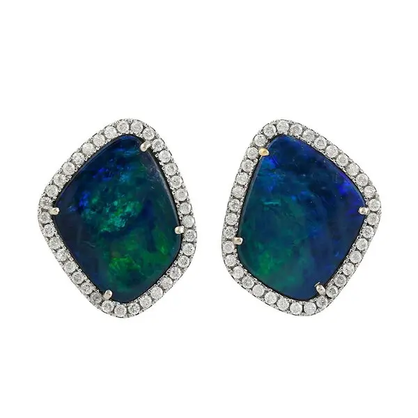 ARTISAN White / Blue Opal & Diamond Halo Stud Earrings In 18k White Gold - White/blue