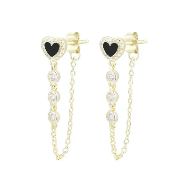 KAMARIA Heart Chain Stud Earrings With Crystals Onyx - Black