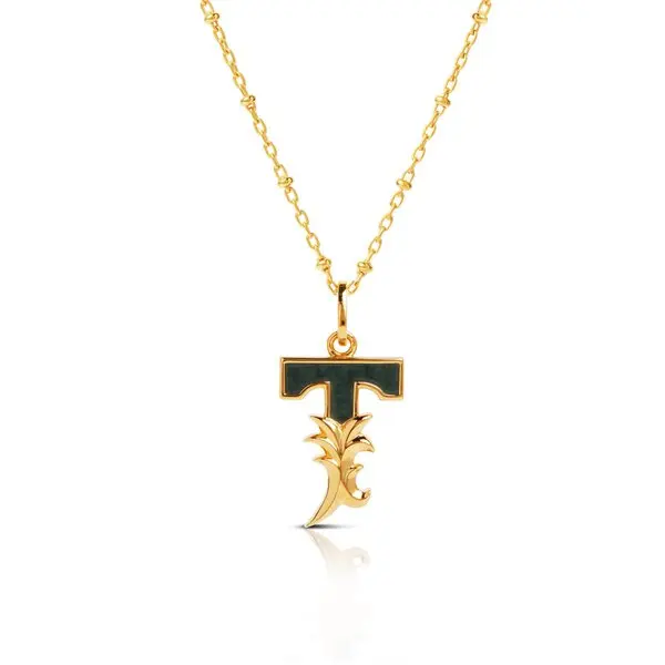 KASUN LONDON Plated T Initial Necklace With Green Marble - Gold