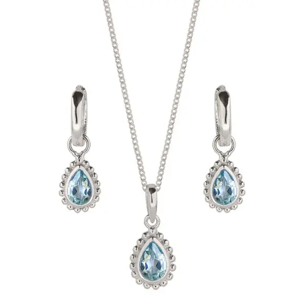 CHARLOTTE'S WEB JEWELLERY Silver / Blue November Birthstone Sterling Silver Necklace And Earring Set Blue Topaz - Silver/blue