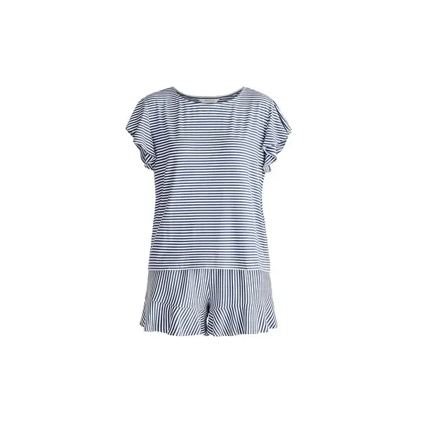 PAISIE Blue / White Frill Pyjama T-shirt And Shorts In Dark Blue & White - Blue/white