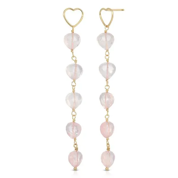 HEATHER HAWKINS Crazy On You Linear Heart Drop Earrings Rose Quartz Goldfilled - Pink