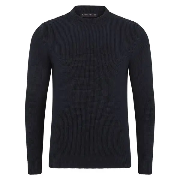 PAUL JAMES KNITWEAR Midweight Cotton Fisherman Rib Noah Jumper Navy - Blue