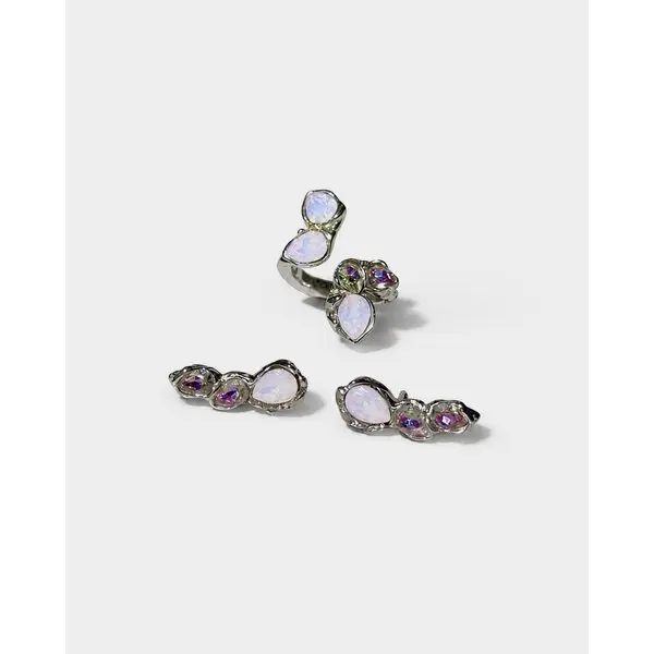 ISKRA Blossom Earrings & Ring Rose Opal Set Sterling Silver - Pink