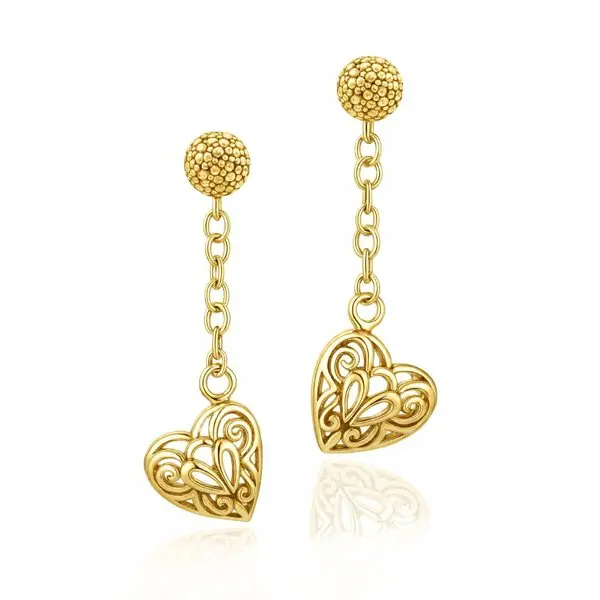 UNALOE Plated Sterling Silver Dangling Heart Earrings – Romantic Filigree Design – Jewelry - Gold