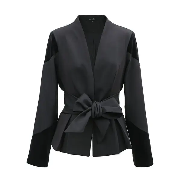SMART AND JOY Bi-material Blazer And Knotted Belt - Black