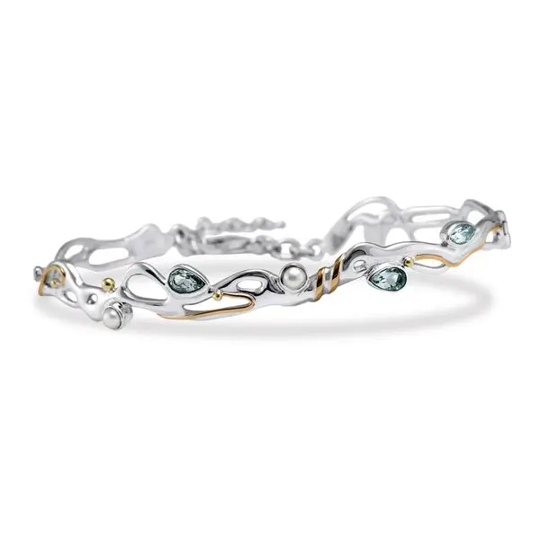 ISLA SILVER Silver / Gold / Blue Handmade Riviera Blue Topaz & Pearl Hinged Bracelet - Silver/gold/blue