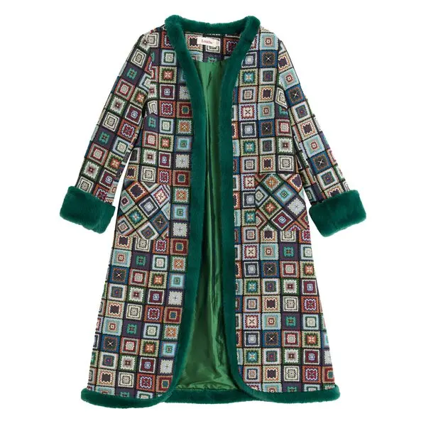 LOUCHE Delphia Seventies Patch Jacquard Fur Trim Coat – Multicoloured - Green
