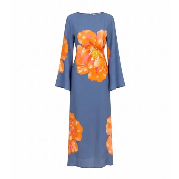 TANTRA SPAIN SL Long Floral Dress With Round Neck And Straps At The Back Denim - Blue