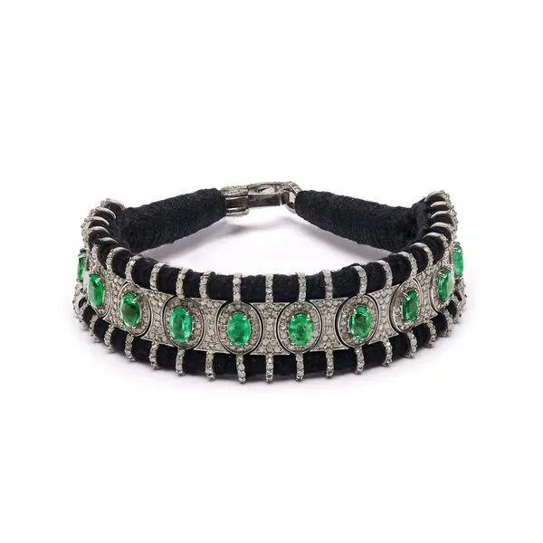 CARAVAN OF STONES London Thread Pavé Diamond & Emerald Bracelet - Black