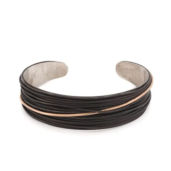 EBRU JEWELRY Gold / Black / Silver Handcrafted Sterling Silver & Leather ’s Cuff Bracelet Black - Gold/black/silver