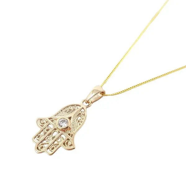 HARFI Dainty Hamsa Hand Pendant Charm Plated Necklace - Gold