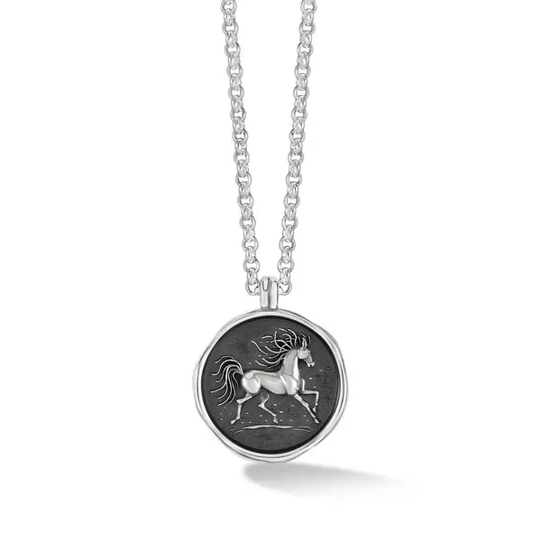DOWER & HALL Fire Horse Talisman Necklace In Oxidised - Silver