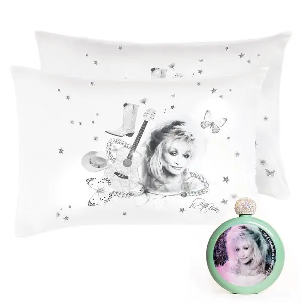 BLACK CAKE Country Western Glamour Dolly Satin Pillowcase Set & Limited Edition Festival Tribute Glitter Retro Mint Spirit Flask - Green