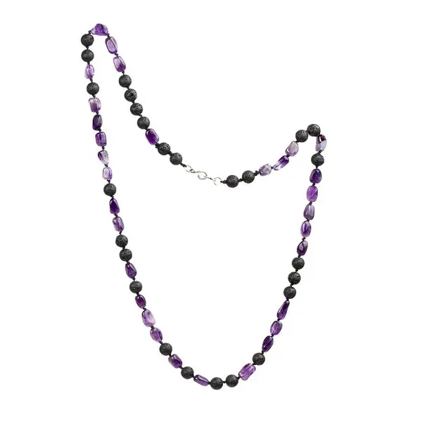 AMONTA Black / Purple / Silver Amethyst & Lava Silk Necklace - Black/purple/silver
