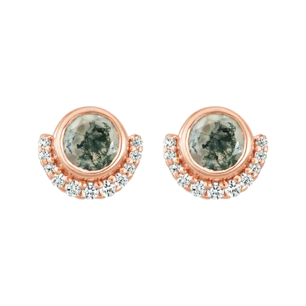 LA KAISER Rose Gold Moss Agate & Diamond Lunar Eclipse Studs - Yellow