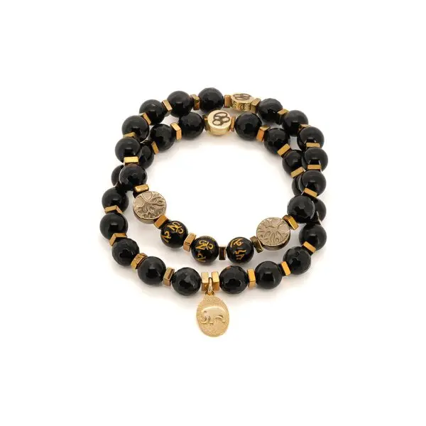 EBRU JEWELRY Gold / Black Onyx Stone Mantra Beaded Elephant Charm Bracelet Set Black - Gold/black