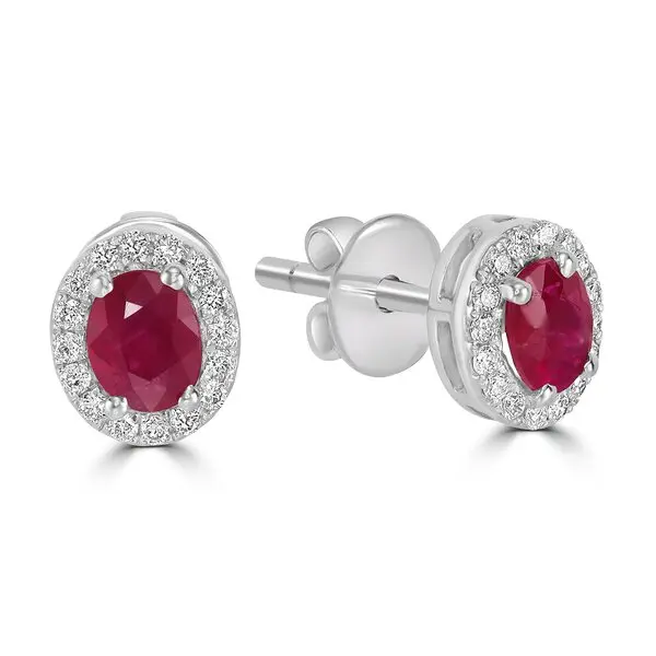 ARTISAN White / Red Natural Ruby & Diamond Halo Stud Earrings In 18k White Gold - White/red