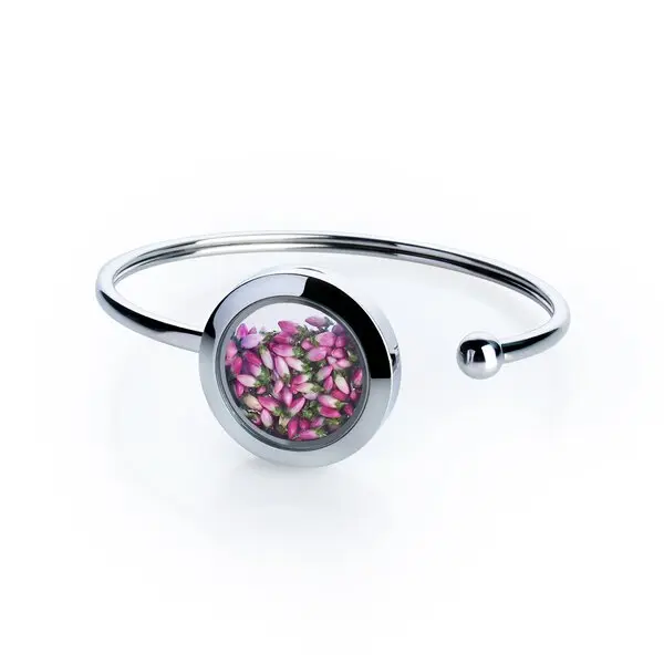 MY LITTLE NATURE Orange / Silver Bohemian Cuff Bracelet With Natural Scottish Heather Flowers – Floral Jewelry Collection - Orange/silver