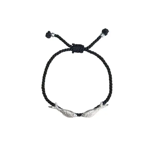 RIZE Silver / Black Matsya Charm Bracelet Sterling Silver Plated & Black Cord - Silver/black