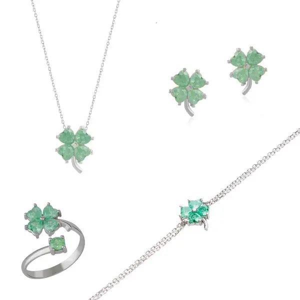 SPERO LONDON Best Of Luck Four Leaves Clover Sterling Bracelet Necklace Ring & Stud Earring Full Set - Silver