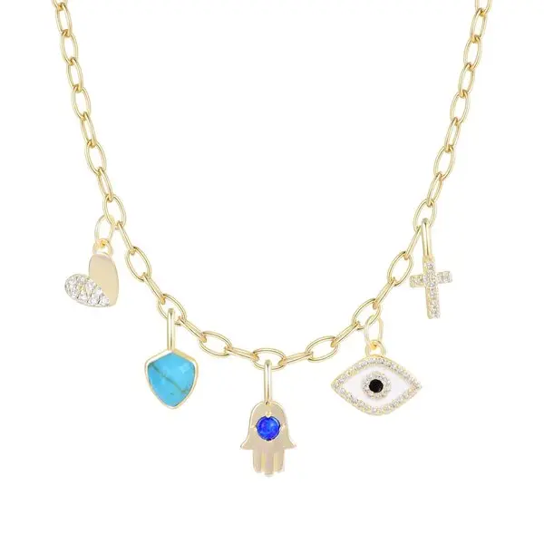 KAMARIA Spiritual Protection Charm Necklace With Opals On Paperclip Chain - Gold