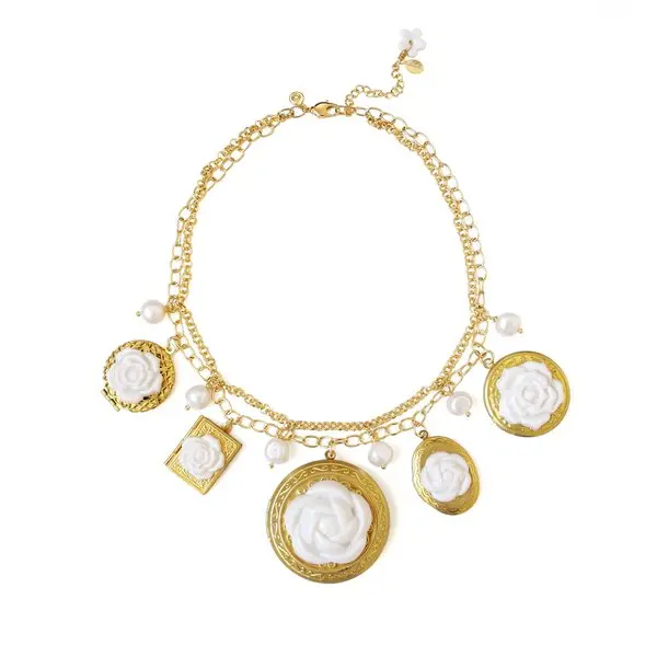POPORCELAIN Porcelain Floral Lockets Statet Necklace - Gold